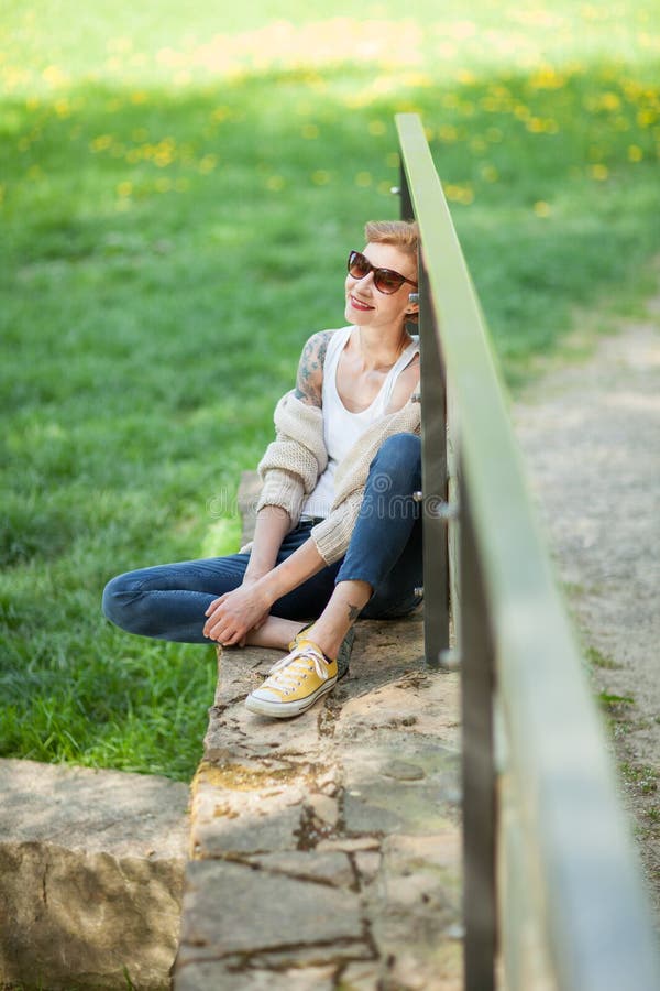 Beautiful Woman With Sunglasses Outdoor Portrait Happy Relaxed Mood
