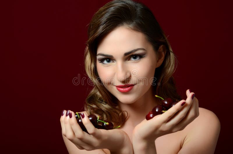 Beautiful Woman with Sweet Cherry Stock Photo - Image of bright ...