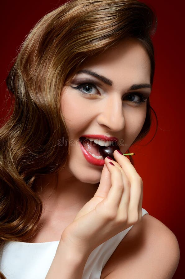 Beautiful Woman with Sweet Cherry Stock Photo - Image of cherry, bite ...
