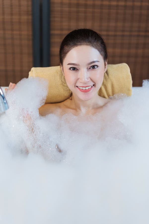 Woman Takes Bubble Bath And Playing In Bathtub Stock Image Image Of