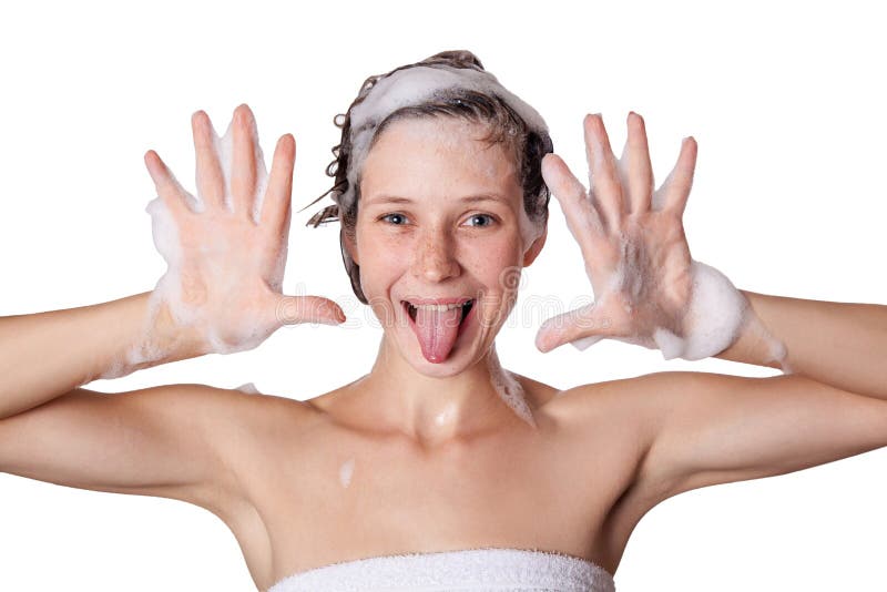 Beautiful Woman Taking A Shower And Shampooing Her Hair Washing Hair