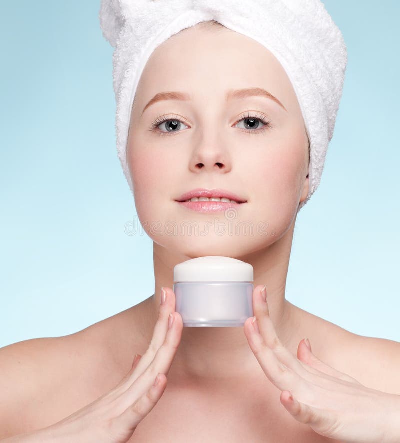 Beautiful Woman Tender Jar of Moisturizer Cream Stock Image - Image of ...