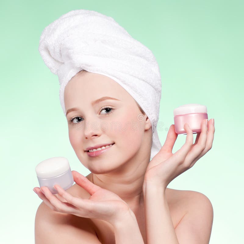 Beautiful Woman Tender Jar of Moisturizer Cream. Stock Photo - Image of ...