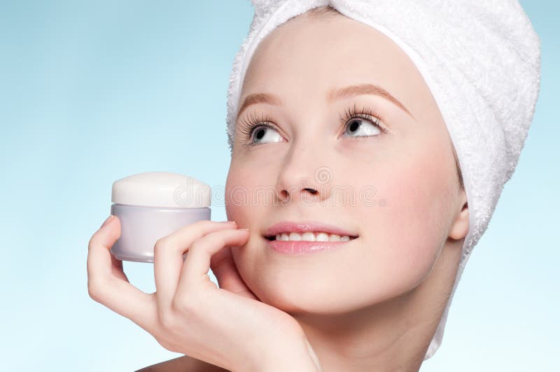 Beautiful Woman Tender Jar of Moisturizer Cream Stock Image - Image of ...