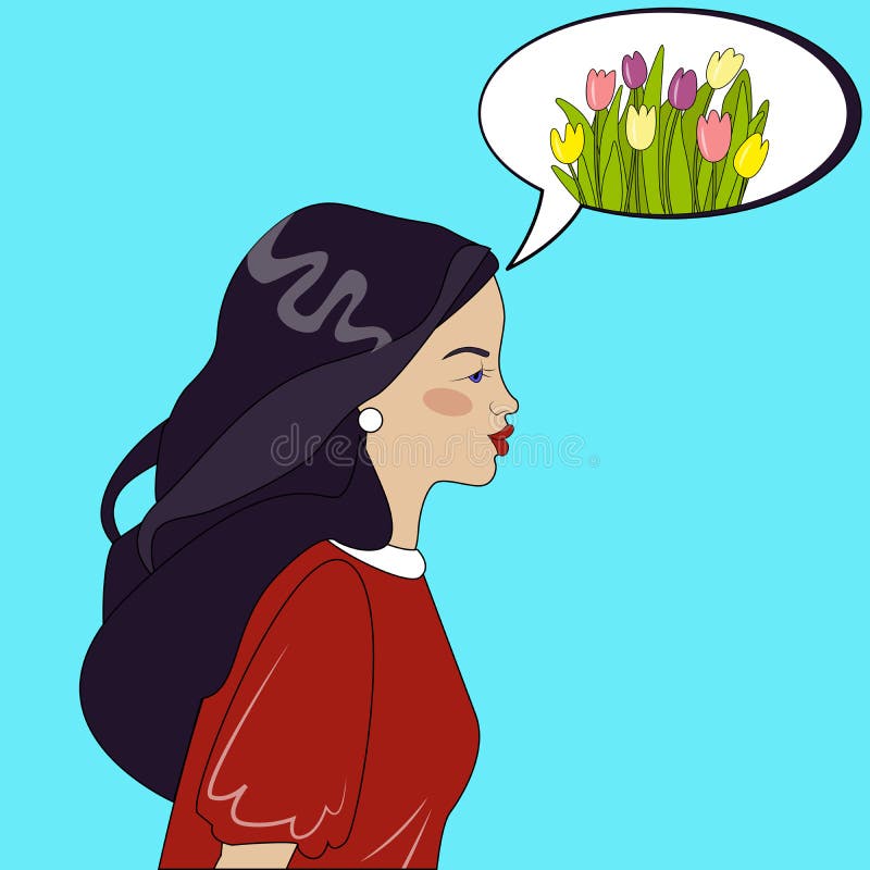 Beautiful Woman Think about Spring Flowers in Dialog Cloud Vector ...