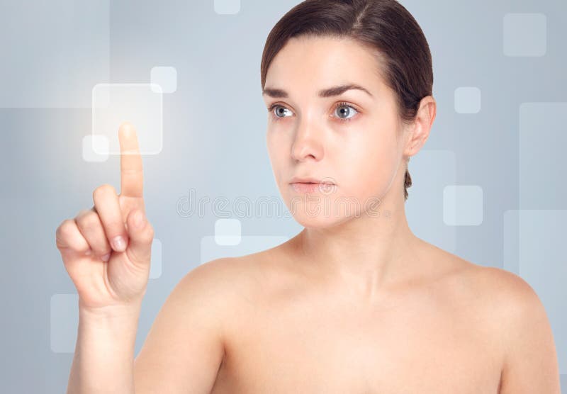 Beautiful Woman Touching Button Stock Photo - Image of interface ...
