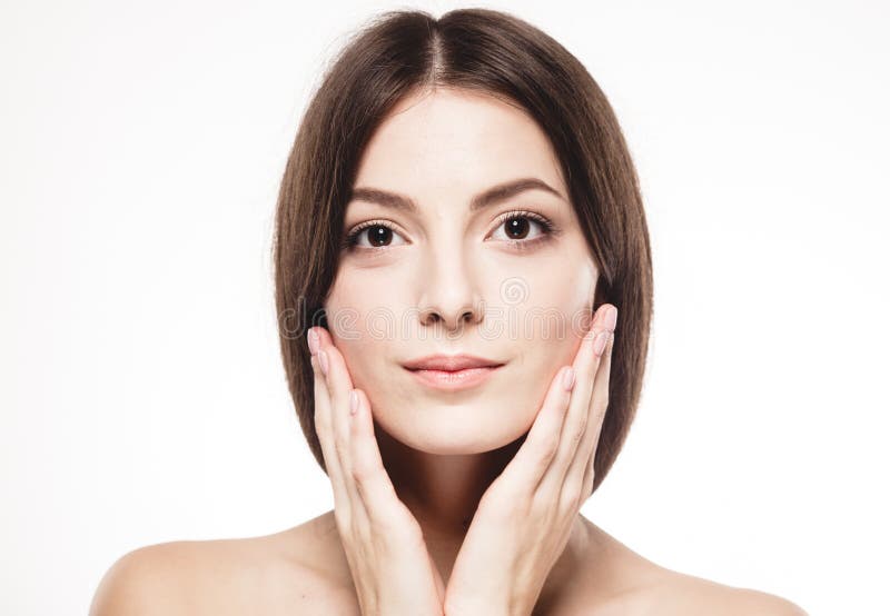 Beautiful Woman Touching Her Cheeks by Palms Close Up Isolated on White ...