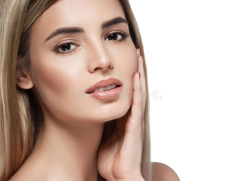 Beautiful Woman Touching Her Face Looking Camera Portrait Stock Photo ...