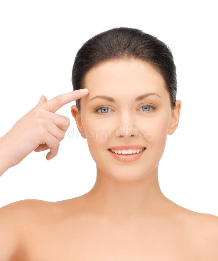 Beautiful Woman Touching Her Forehead Stock Photo - Image of pointing ...