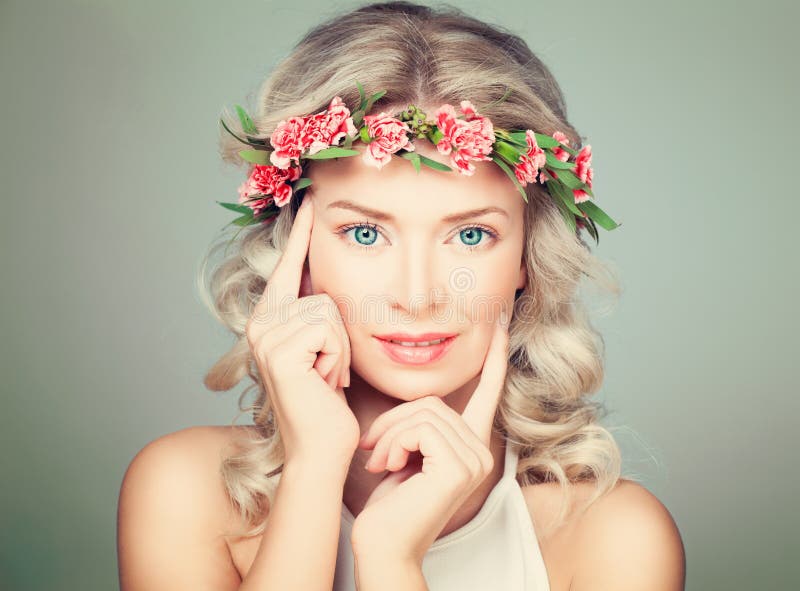 Beautiful Woman Touching Her Hand Her Face Nice Model In Flower Stock