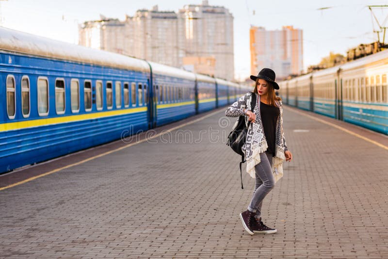 Beautiful Woman at the Train Station Stock Photo - Image of evening ...