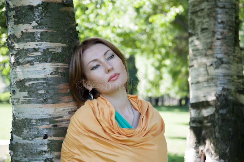 Beautiful Woman at a Tree in Summer Stock Photo - Image of wellbeing ...