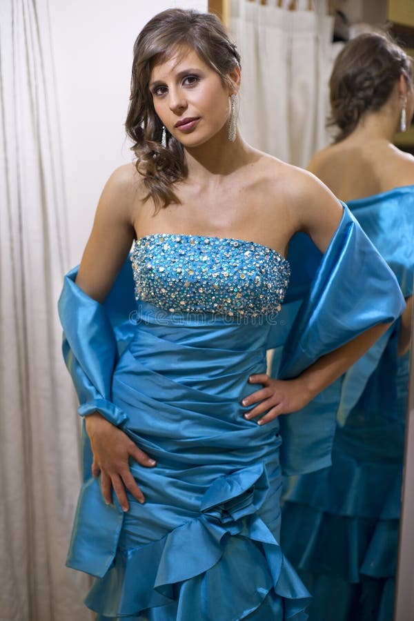 Beautiful Woman Try on a Dress Stock Photo - Image of mirror, people ...