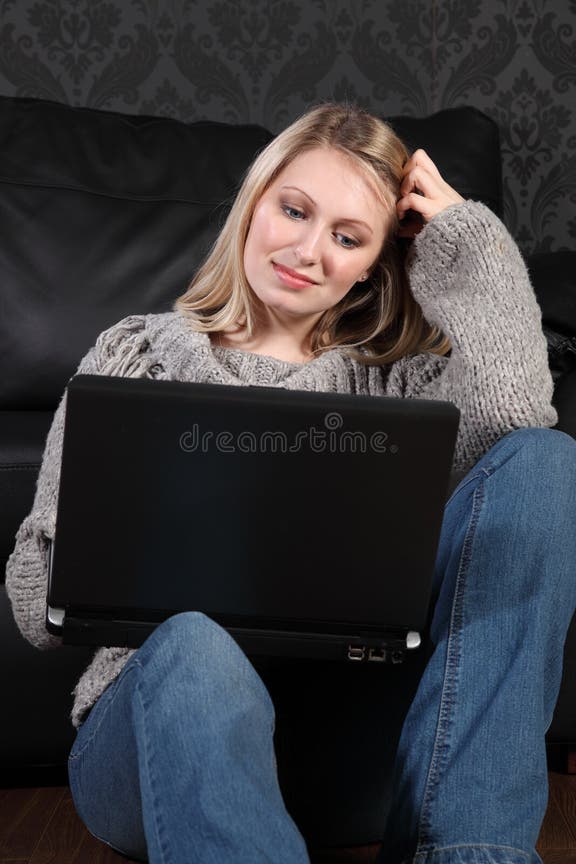Beautiful Woman Using Laptop Computer at Home Stock Image - Image of ...