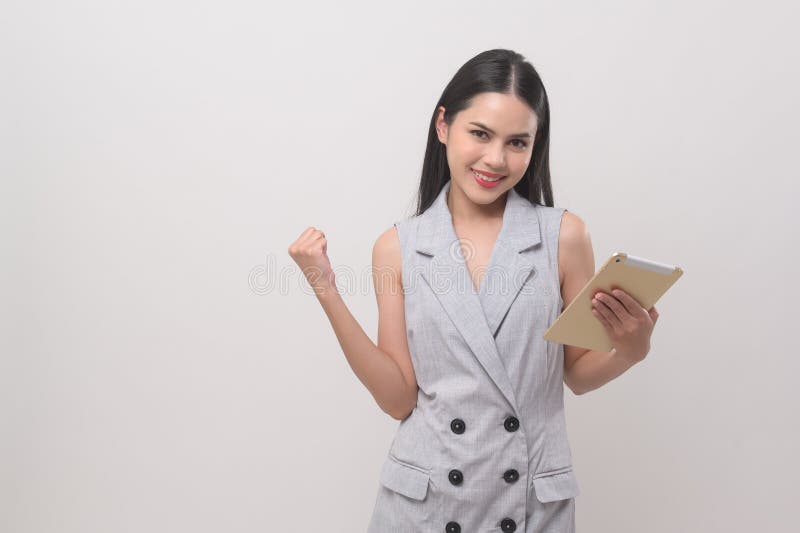 Beautiful Woman Using Tablet Over White Background, Technology Concept ...