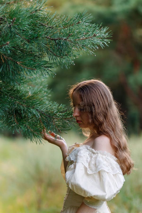 Beautiful Woman In Vintage Dress Beige Cute Girl In Long Dress Walking