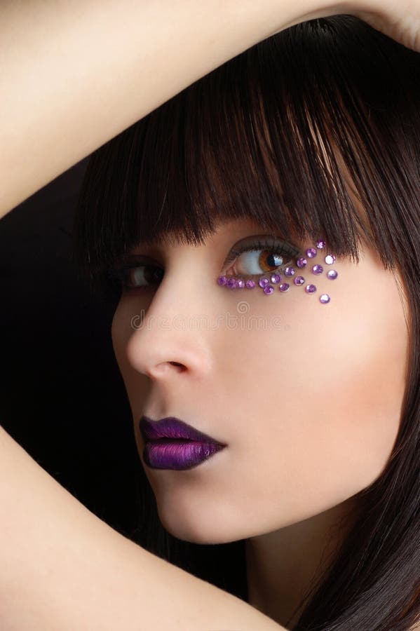Beautiful Woman with Violet Make-up Stock Image - Image of black, body ...