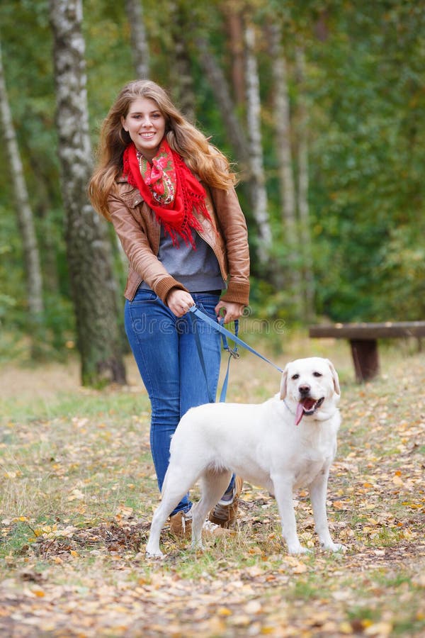 Beautiful Woman Walking with Her Dog Stock Image - Image of beautiful ...