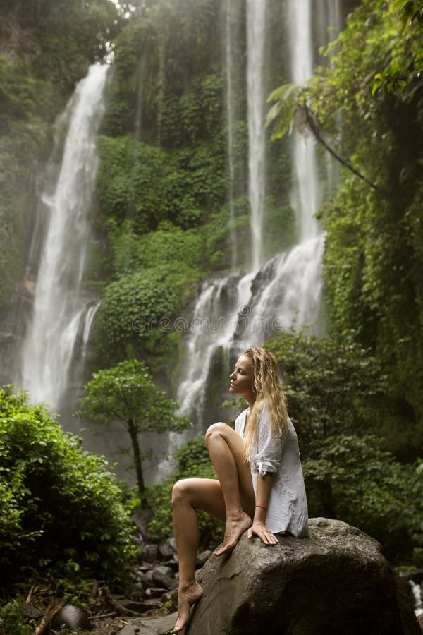 Beautiful Woman and Waterfall. Stock Photo - Image of people, bikini ...