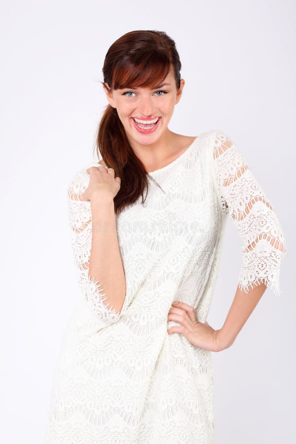 Beautiful Woman Wearing in Openwork Dress Laughs. Stock Photo - Image ...