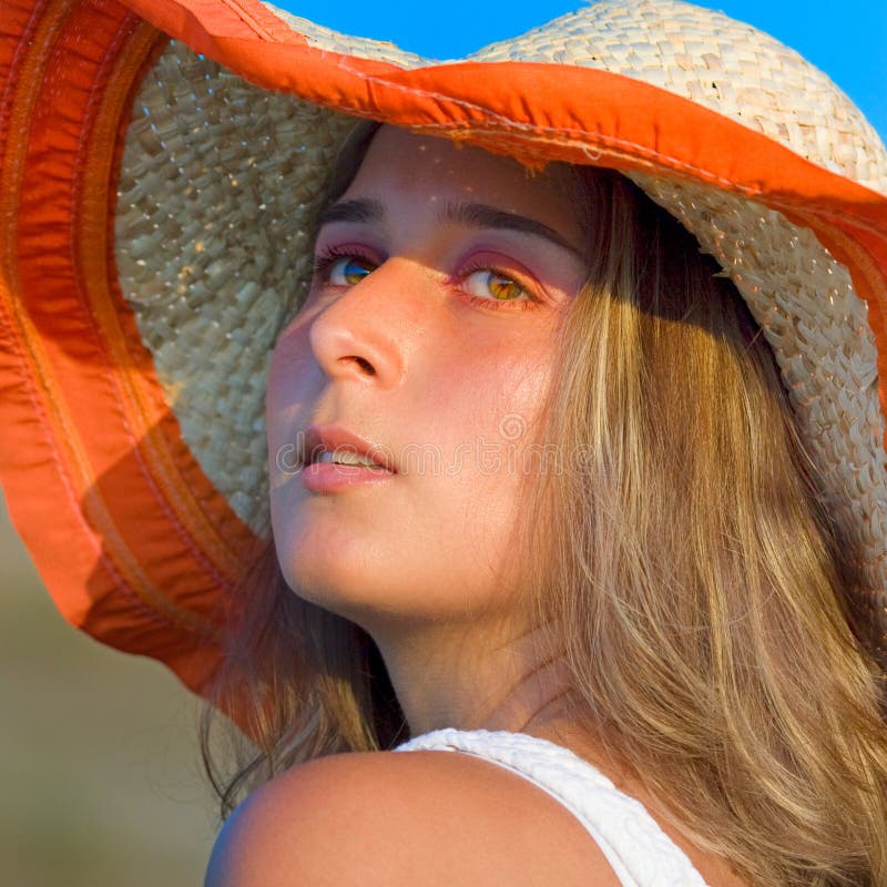 Beautiful Woman Wearing a Straw Hat Stock Photo - Image of caucasian ...