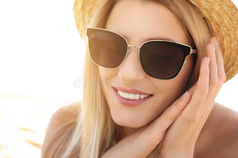 Beautiful Woman Wearing Sunglasses Outdoors On Sunny Day Closeup Stock