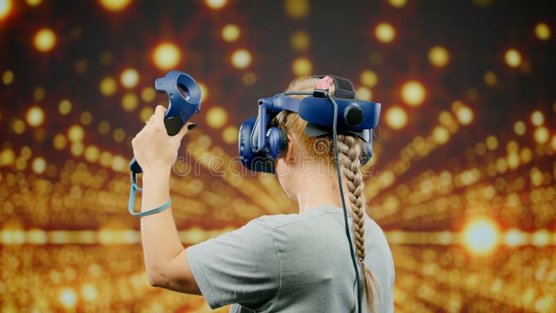 The Beautiful Woman Wearing Vr Headset Dancing In Virtual Reality Led