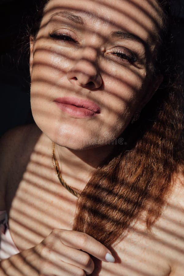 Beautiful Woman Window with Blinds Light and Shadow Stock Photo - Image ...