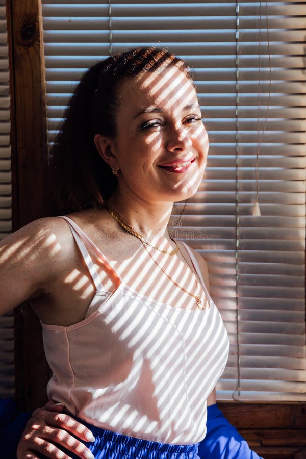 Beautiful Woman Window with Blinds Light and Shadow Stock Photo - Image ...