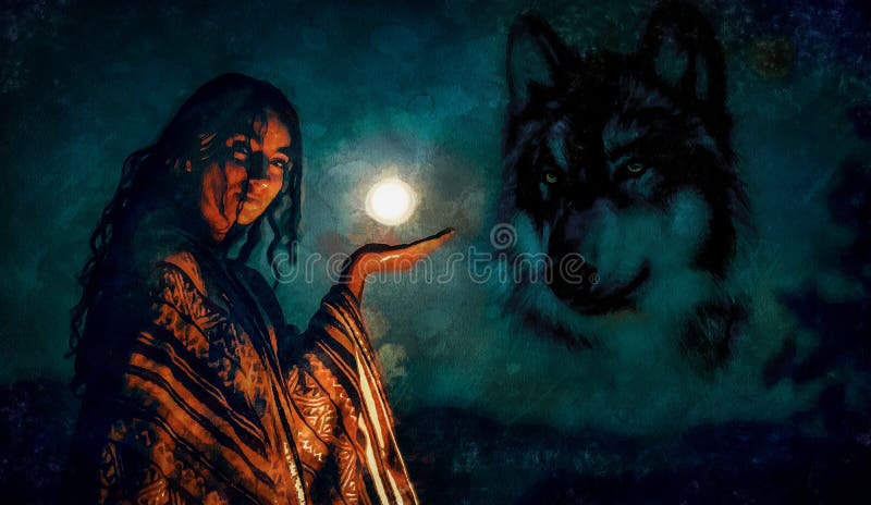 Beautiful Woman and Wolf at the Moon. Stock Photo - Image of individual ...