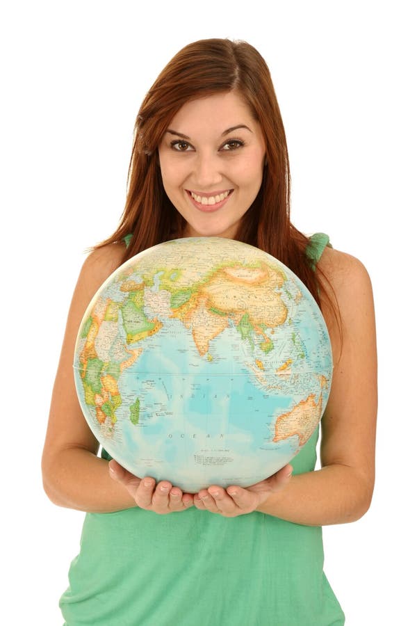 Beautiful Woman with World Globe Stock Image - Image of beautiful ...