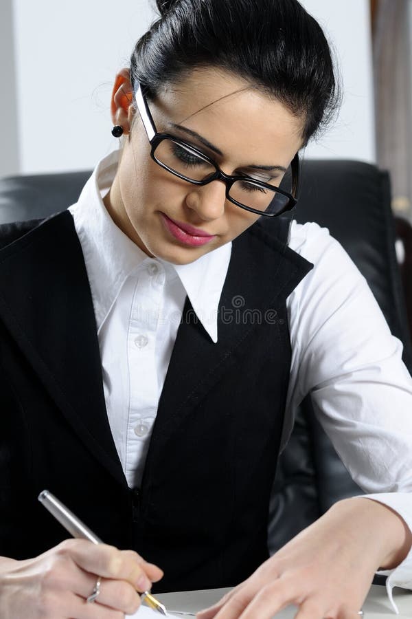 Beautiful woman writing stock image. Image of chair, glasses - 12582735