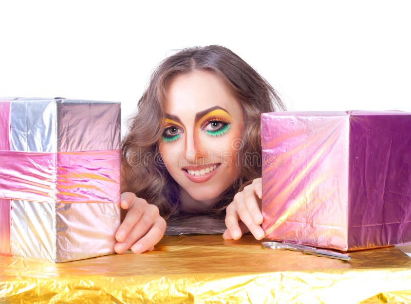 Beautiful Womanl with Bright Make-up and Gift Box Stock Photo - Image ...
