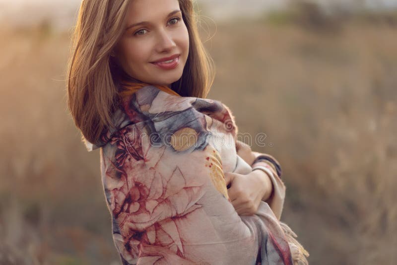 Beautiful Women Portrait Of A Young Attractive Girl At Sunset Stock