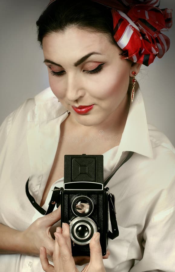 Beautiful Women with Retro Photo Camera Stock Photo - Image of elegance ...