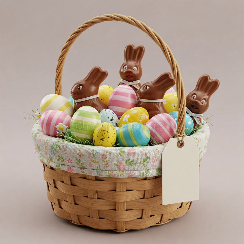 A Beautiful Woven Easter Basket with Decorative Trim Holding Chocolate ...