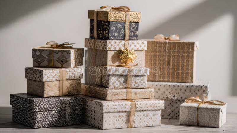 Beautiful Wrapped Gift Boxes Stacked Elegantly with a Spotlight ...