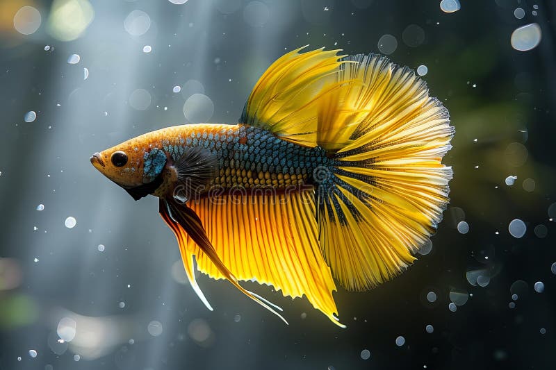 Beautiful Yellow and Black Betta Fish, Against a Dark Background, with ...