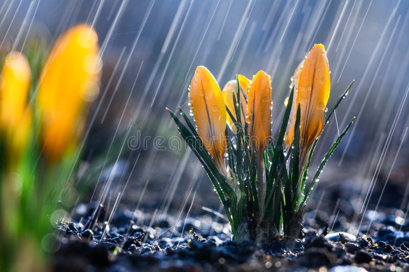 Beautiful Yellow Crocus Flowers in Spring Rain Stock Photo - Image of beginnings, design: 369937138