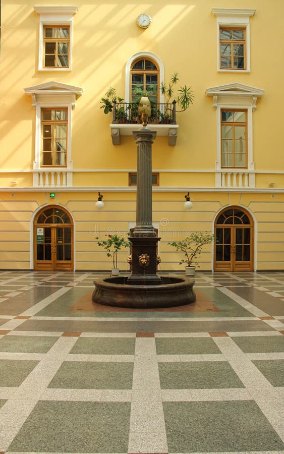 Beautiful Yellow House with Big Windows and Fountain Stock Photo ...
