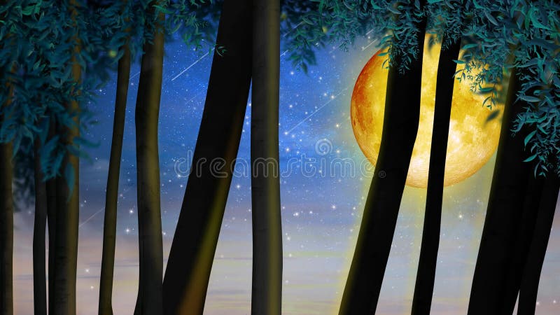 Beautiful Yellow Moon at Night through Trees and Leaves, Night Fantasy ...