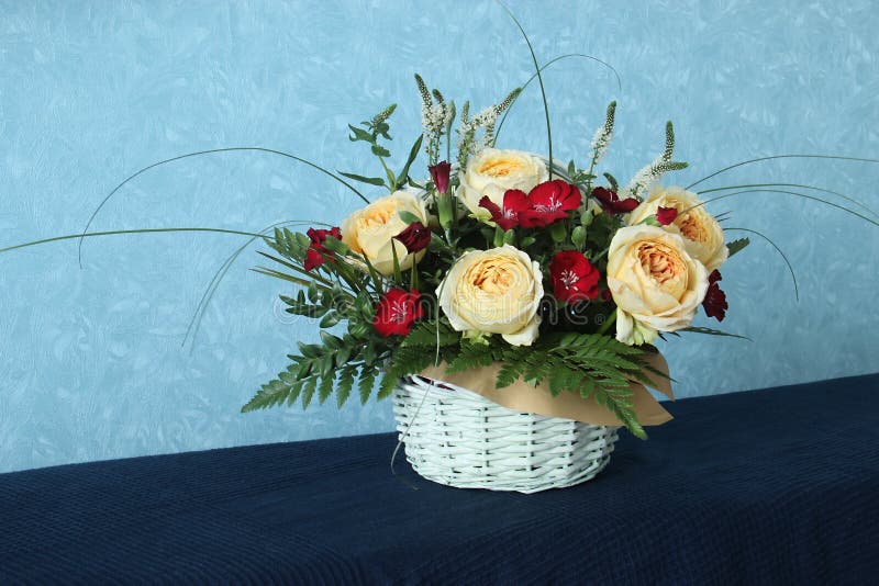 Beautiful Yellow Rose in White Basket on a Blue Background with Copy ...