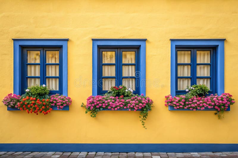 Beautiful Yellow Wall with Blue Windows and Flowers Stock Illustration ...