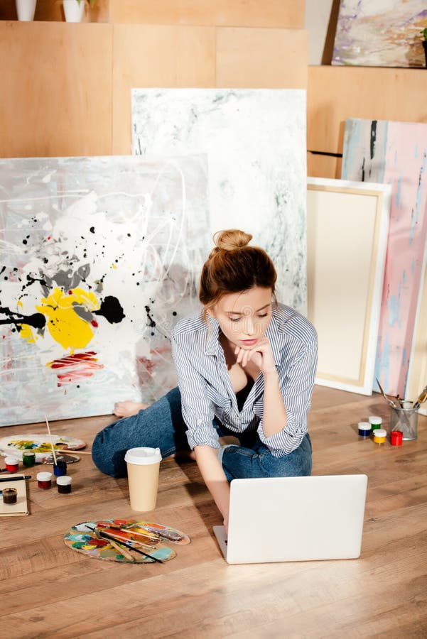 Beautiful Young Artist Using Laptop Stock Image - Image of artistic ...