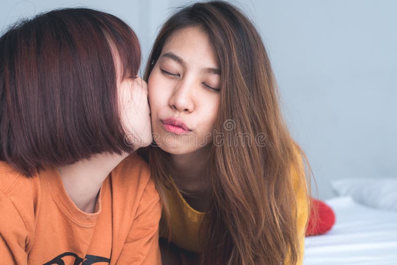 Beautiful Young Asian Women Lgbt Lesbian Happy Couple Sitting On Bed