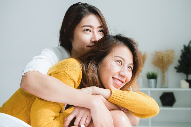 Beautiful Young Asian Women Lgbt Lesbian Happy Couple Sitting On Bed