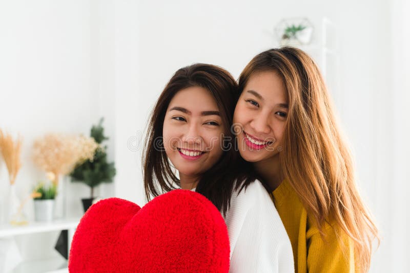 Beautiful Young Asian Women Lgbt Lesbian Happy Couple Sitting On Bed