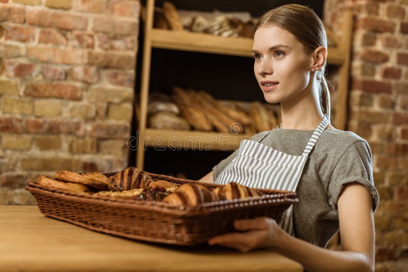 Beautiful Young Baker with Basket of Croissants Stock Photo - Image of ...