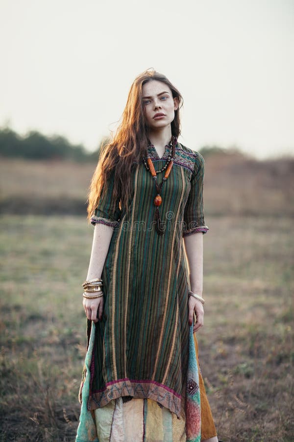 Beautiful Boho Girl Posing at Sunset on Nature Stock Photo - Image of ...