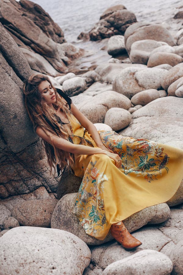 Beautiful Young Boho Style Model on the Stone Beach Stock Photo - Image ...